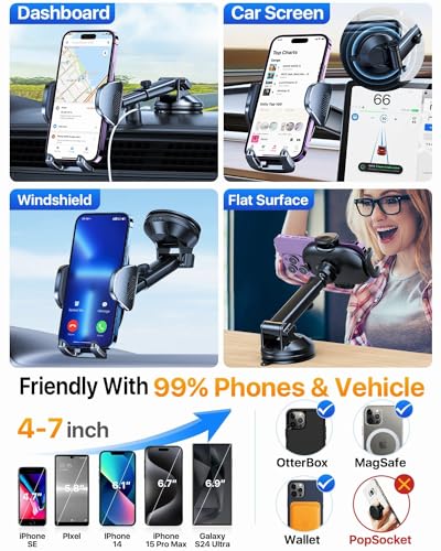 YRU [2024 Upgraded] Universal Car Phone Holder Mount【 360° Rotatable &Strong Suction】 Cell Phone Holder for Car Dashboard Windshield Phone Holder Dash Stand for iPhone 15 14 13 Samsung Truck, Black