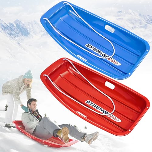 Snow Sled - 2 Pack Classic Sleds for Kids and Adults Flexible Toboggan with Handles Pull Rope Utility Plastic Sled for Winter Ski Sledding Sand Slider Downhill Outdoor - Blue, Red, 36"