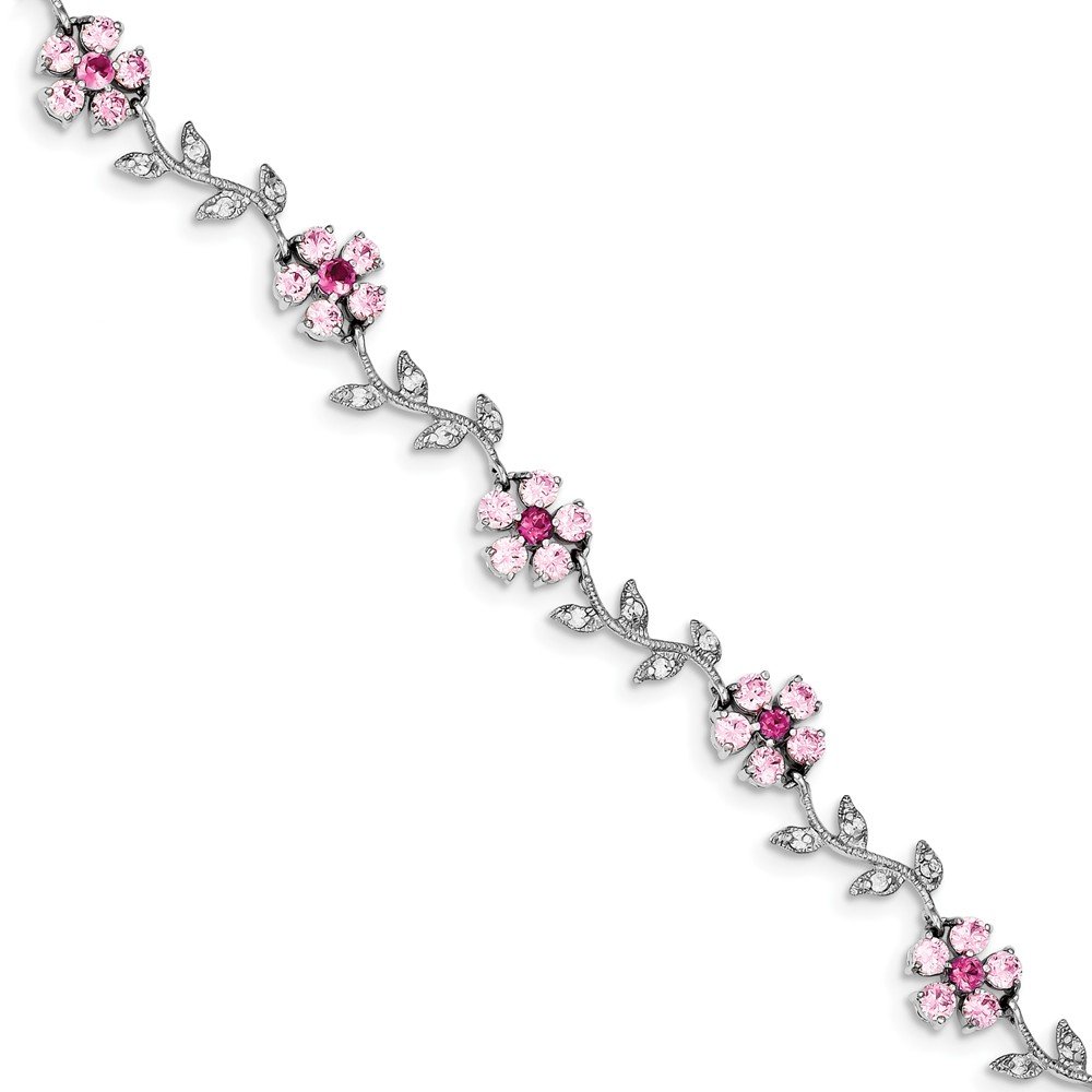 Sterling Silver 7.75inch Pink and Clear CZ Cubic Zirconia Flower Bracelet (10mm)
