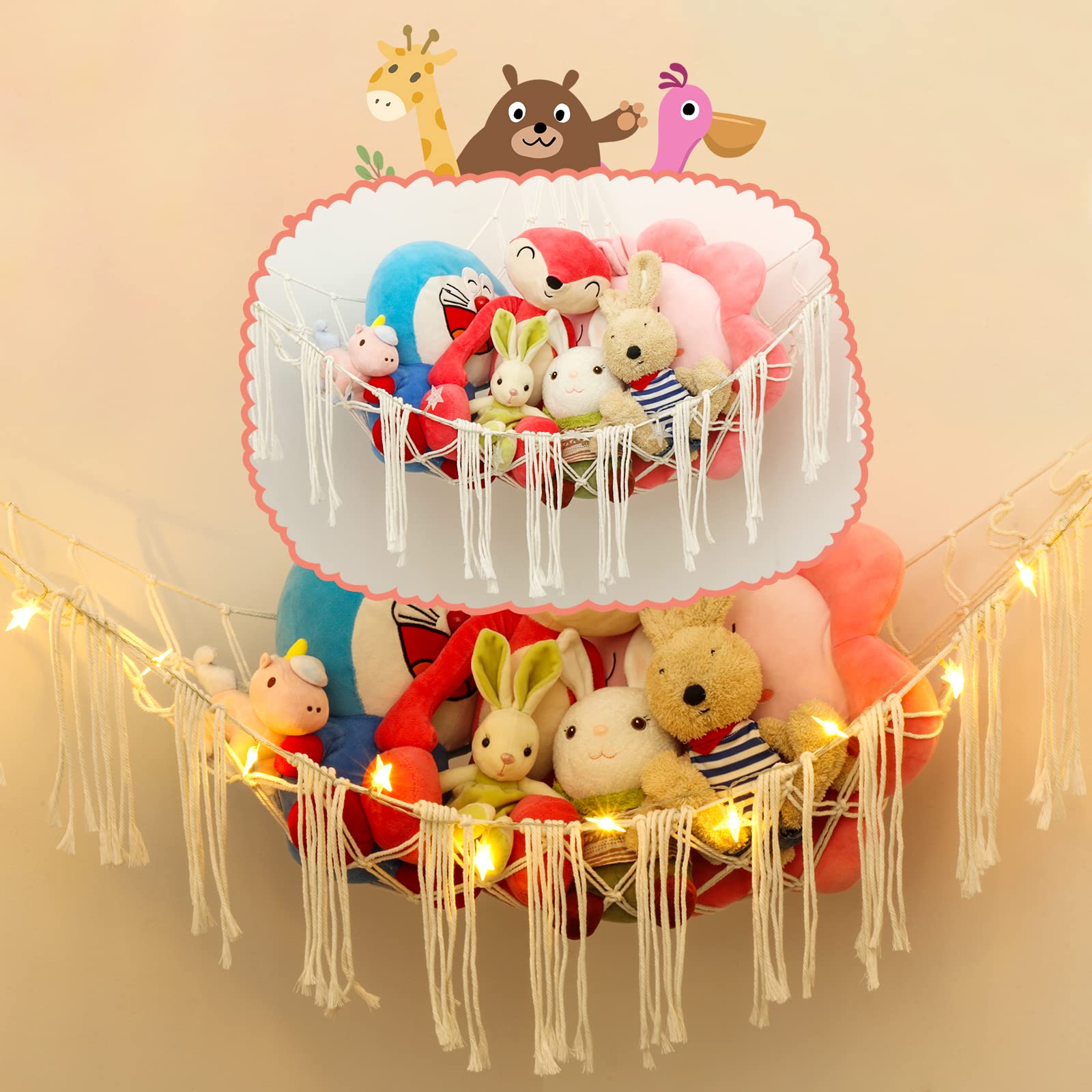 Stuffed Animal Hammock with LED Light, PChero Boho Macrame Stuff Animals Hanging Net Holder with Hooks, Plush Toy Storage Organizer for Kids Room Bedroom Nursery Playroom Wall Corner Décor