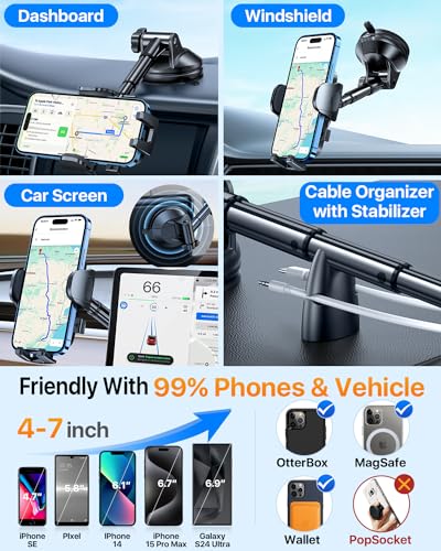 YRU True Military-Grade Car Phone Holder [2024 Upgraded Rotatable Strongest Suction Cup] Cell Phone Mount for Dashboard Windshield Truck Cradle Dash Stand for iPhone 15 14 13 12 Pro Max, Black