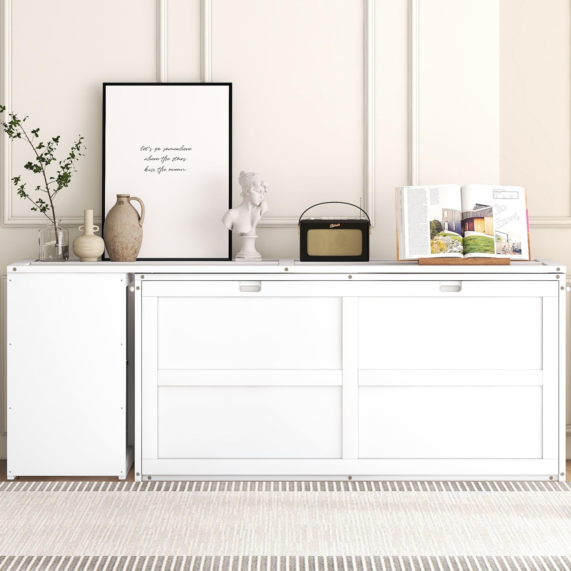 OPTOUGH Queen Size Rotable Desk and Storage Shelves, Cube Cabinet Murphy Wall, Wooden Foldable Floor Bed Frame for Bedroom Living Room Furniture,White