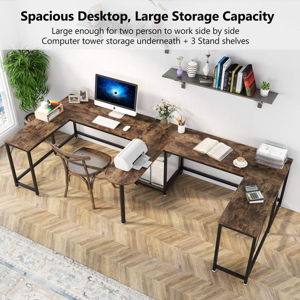 Tribesigns 126 inch Double Computer Desk, Extra Long Two Person Desk, U Shaped Large Office Desk Writing Table Computer Workstation with Printer Stand Shelf and Host Storage for Home Office