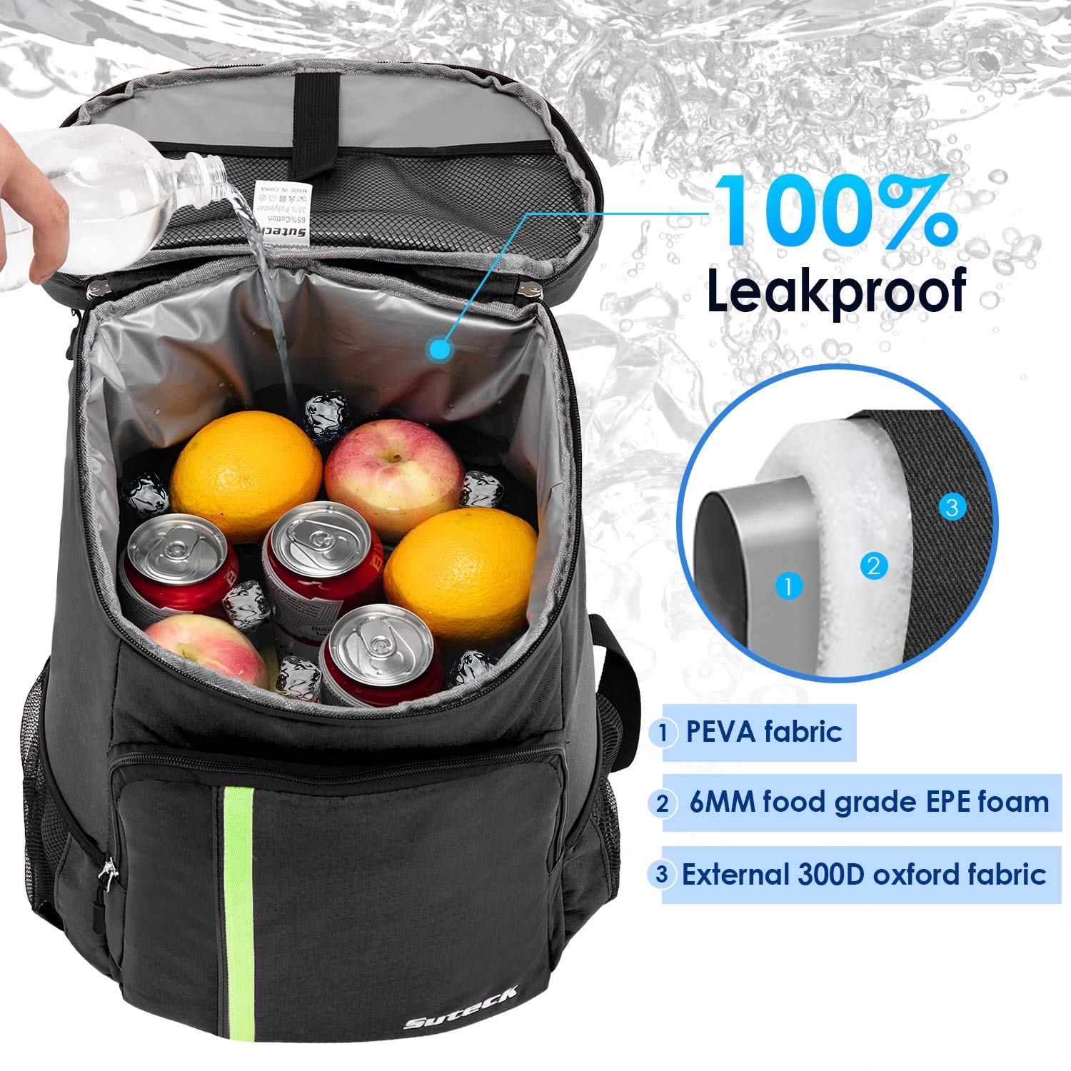 Suteck 40 Cans Insulated Cooler Backpack, Leakproof Lightweight Soft Cooler Bag Backpack 34L Large Capacity for Men Women to Lunch Picnic Hiking Camping Beach Park Day Trips (Black)