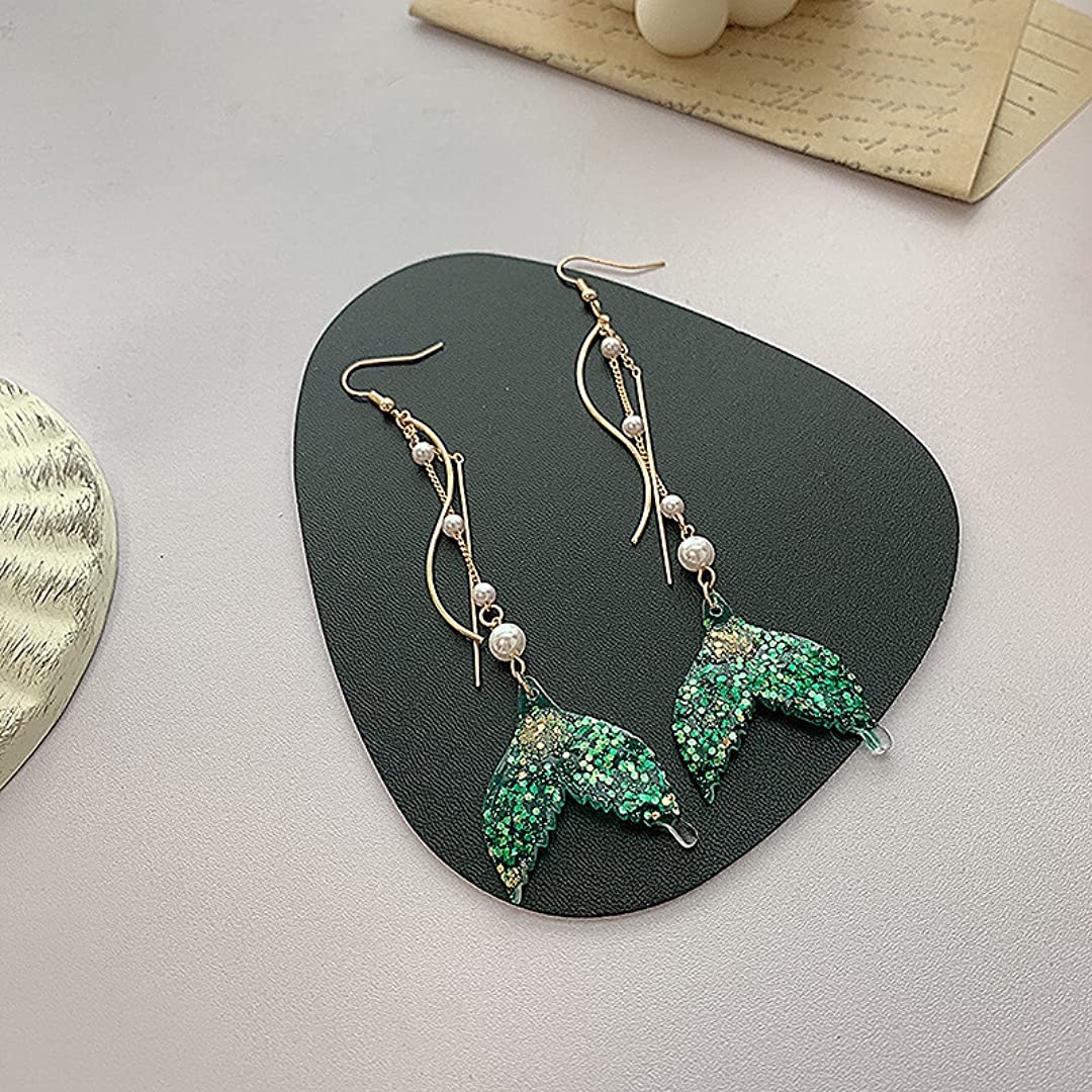 Sequins Mermaid Tail Earrings For Women Fantasy Ocean Princess Earrings Tassel Earrings Creative Ear Hook Translucent Fishtail Pendant Pearl Earrings