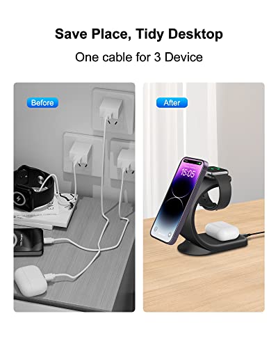 Veanpus Magsafe Charger Stand, Wireless 3 in 1 Charger with QC3.0 Adapter, Magnetic Wireless Charger Compatible with iPhone 15,14,13,12 Pro Max/Pro/Mini/Plus, iWatch se/8/7/6/5/4/3/2, AirPods(Black)