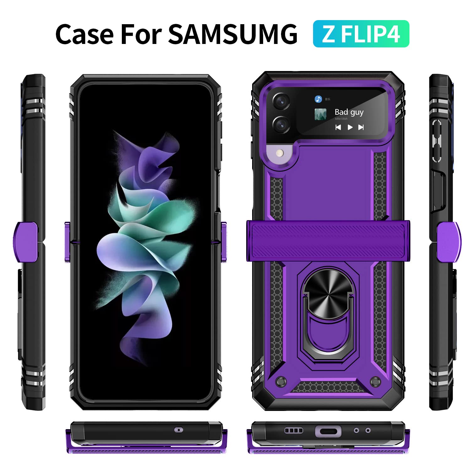 ONOLA for Samsung Galaxy Z Flip 4 Case, Galaxy Z Flip 3 Case with Hinge Protection and 360°Rotate Ring Magnetic Kickstand Heavy Duty Protective Case for Samsung Galaxy Z Flip 3/4 Phone (Purple)