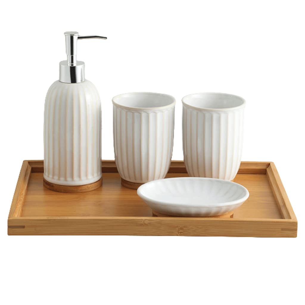UTOYA Durable Smooth Glaze Bathroom Accessories Set White,Cermaic Bath Vanity Countertop Decor Set-Hand Soap Dispenser,Tumbler,Soap Dish,Tray Replacement