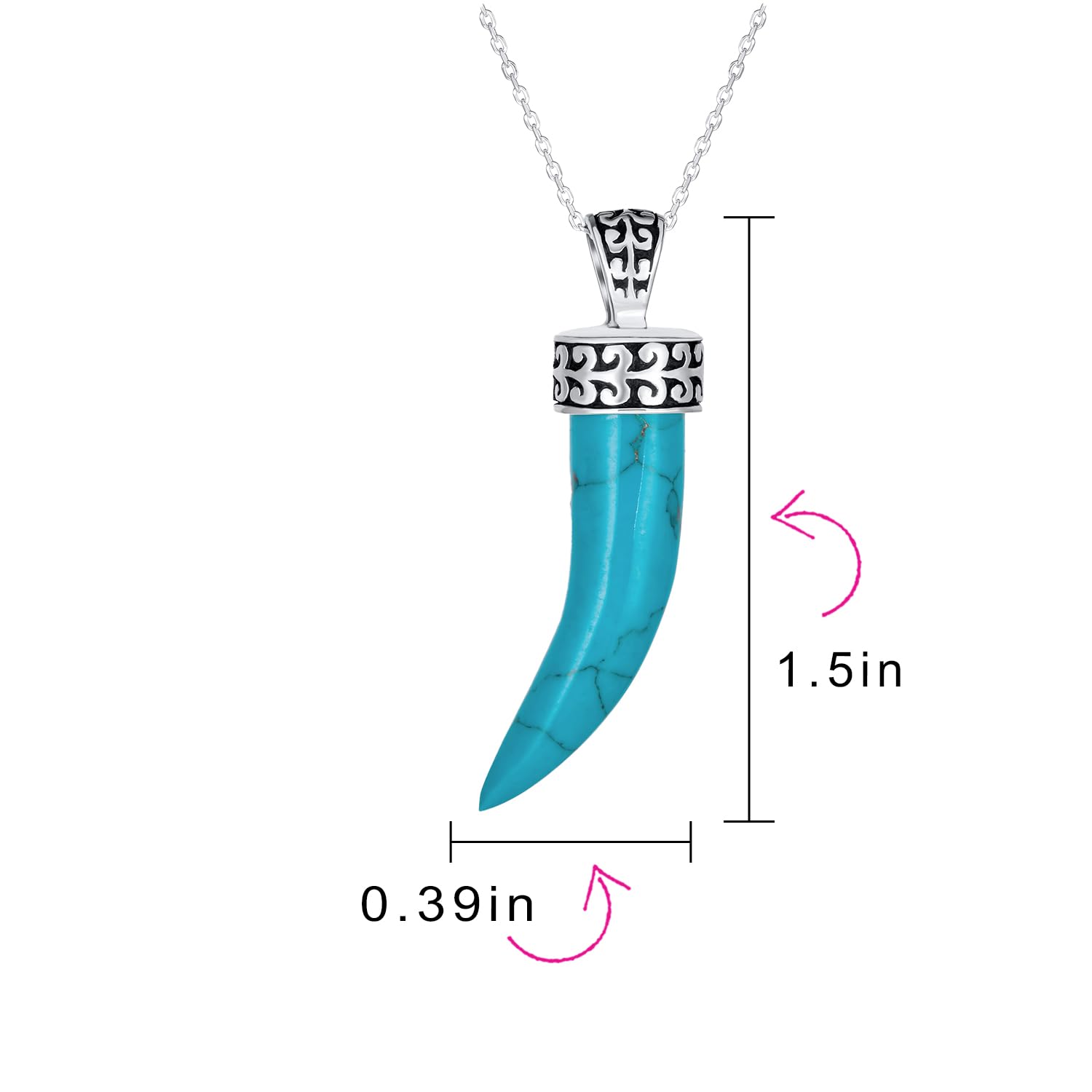 Protection Tooth Amulet Blue Turquoise Gemstone Cornicello Italian Horn L Chili Pepper Pendant Necklace Western Jewelry For Women For Men Oxidized .925 Sterling Silver Scroll