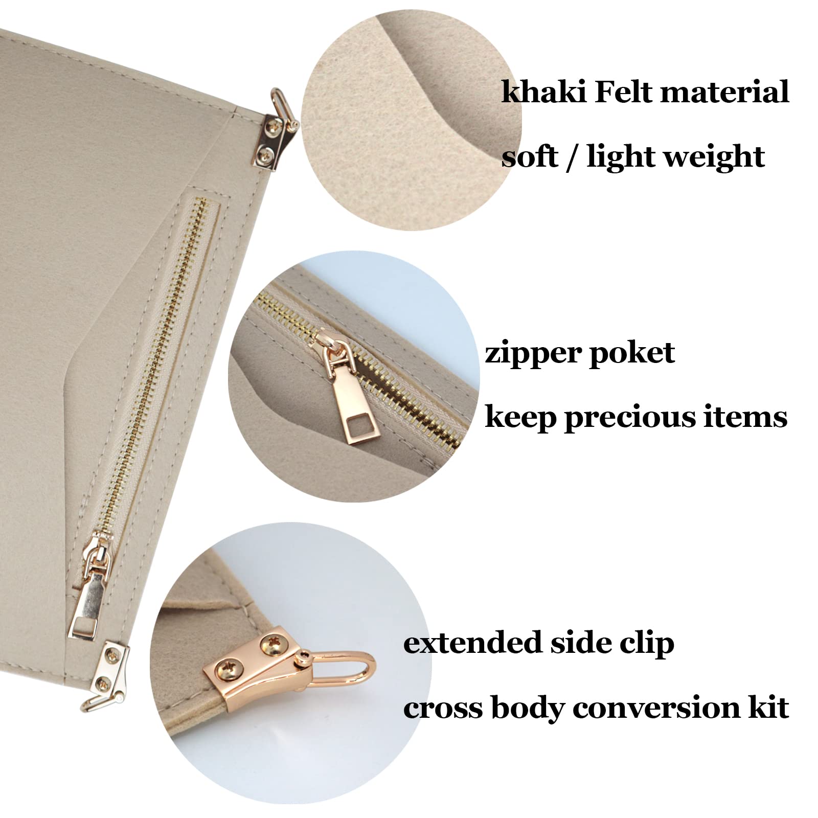 TOURDREAM Purse Insert Organizer for LV Kirigami Pochette Envelope Clutch Crossbody Conversion Kit (3 in 1 Kirigami Pochette, Khaki)