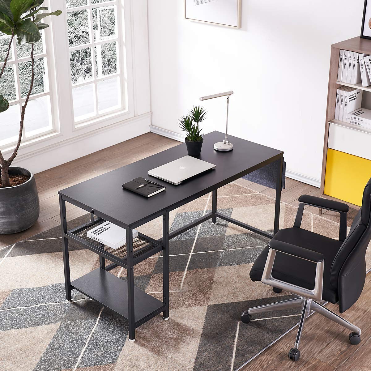 V-AIDMENG 55'' Home Office Desks, Computer Desks, Study Writing Desks with Storage Shelf, Hook and Storage Bag, Multi-Function PC Desk, Gaming Table, Work Tables for Desktop and Laptop. Black MDF