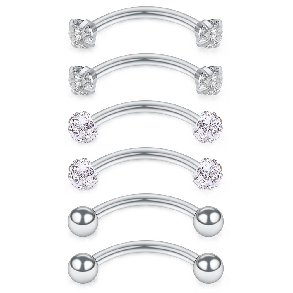 SCERRING 6PCS 16 Gauge 10mm Stainless Steel 3mm CZ Gems Shiny-Ball Curved Barbell Curved Barbell Eyebrow Cartilage Tragus Belly Lip Ring Studs - Silver