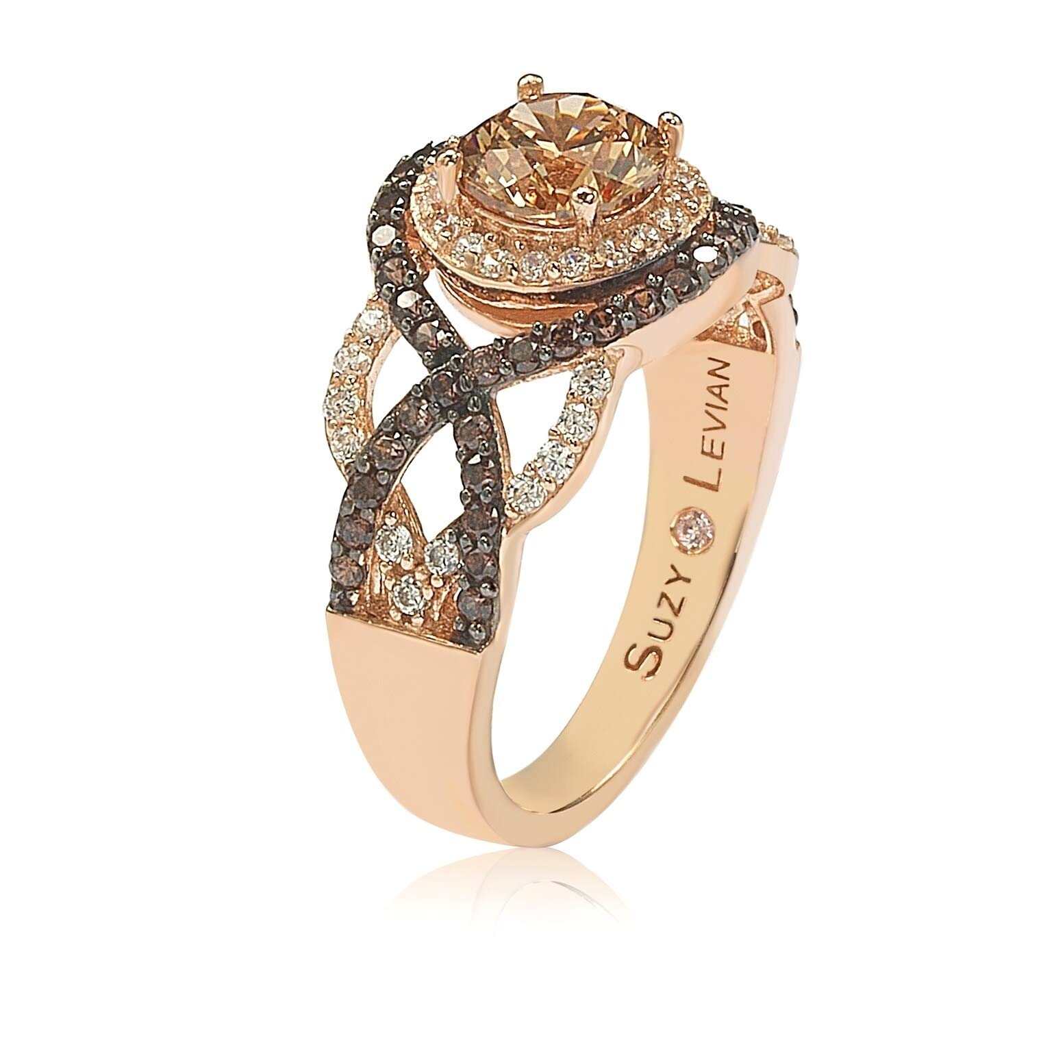 Suzy Levian Rosed Sterling Silver Brown Cubic Zirconia Crossover Bridal Ring - Brown/White