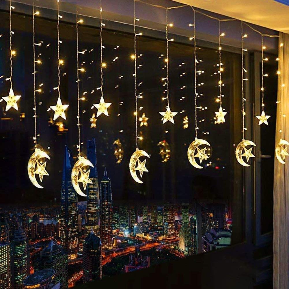 String Lights, 138 LED Star Curtain Lights, Moon Stars String Lights, with 2 Charging Methods (Battery/USB), for Home Garden Outdoor Indoor Wall Decoration
