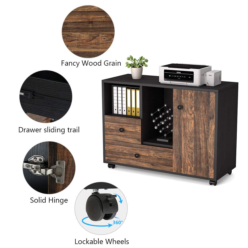 Tribesigns Lateral File Cabinet 2 Drawer,Wood Filing Cabinet with Wheels,Printer Stand with Storage Shelves for Home Office,Black & Brown