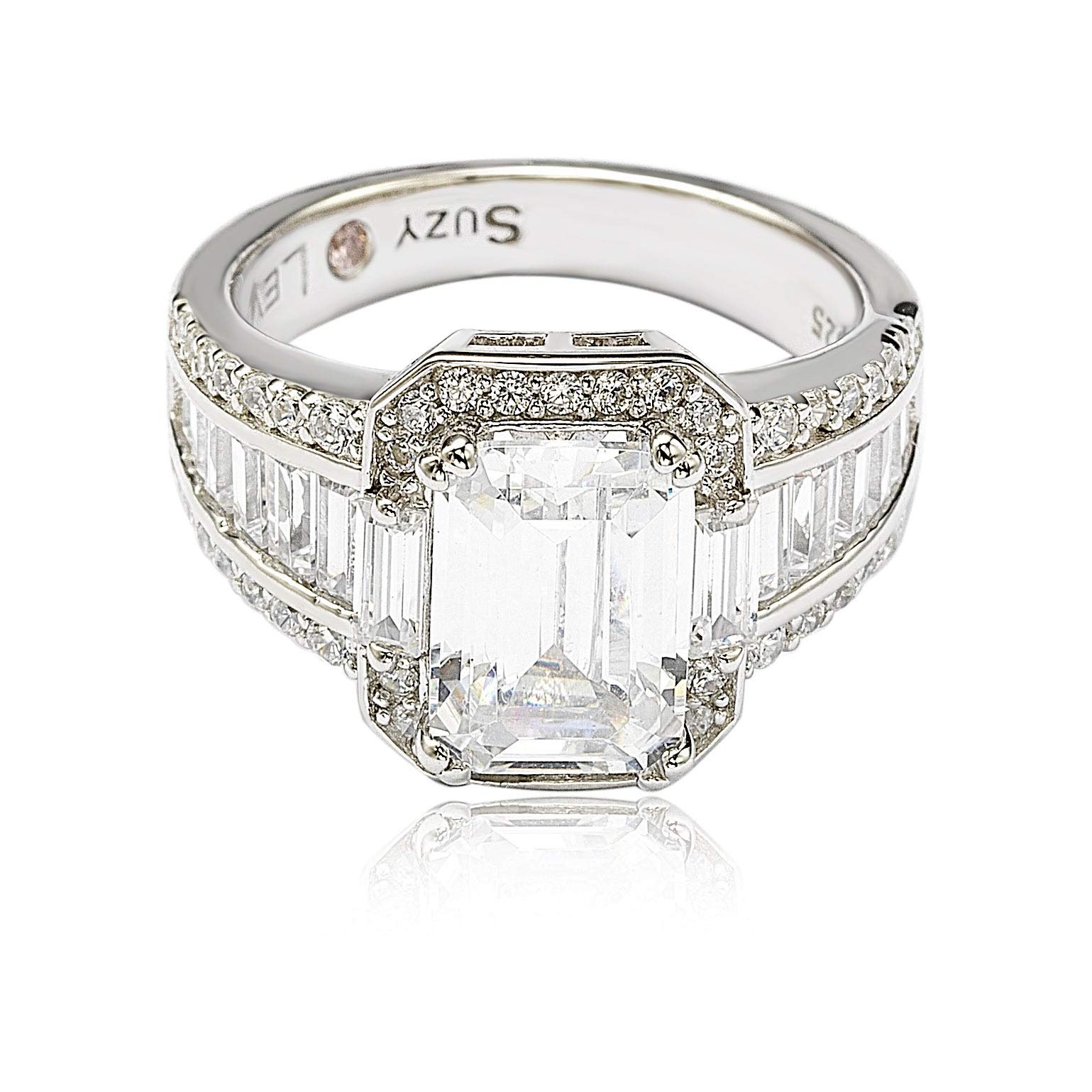 Suzy Levian Sterling Silver White Emerald-Cut Cubic Zirconia Engagement Ring