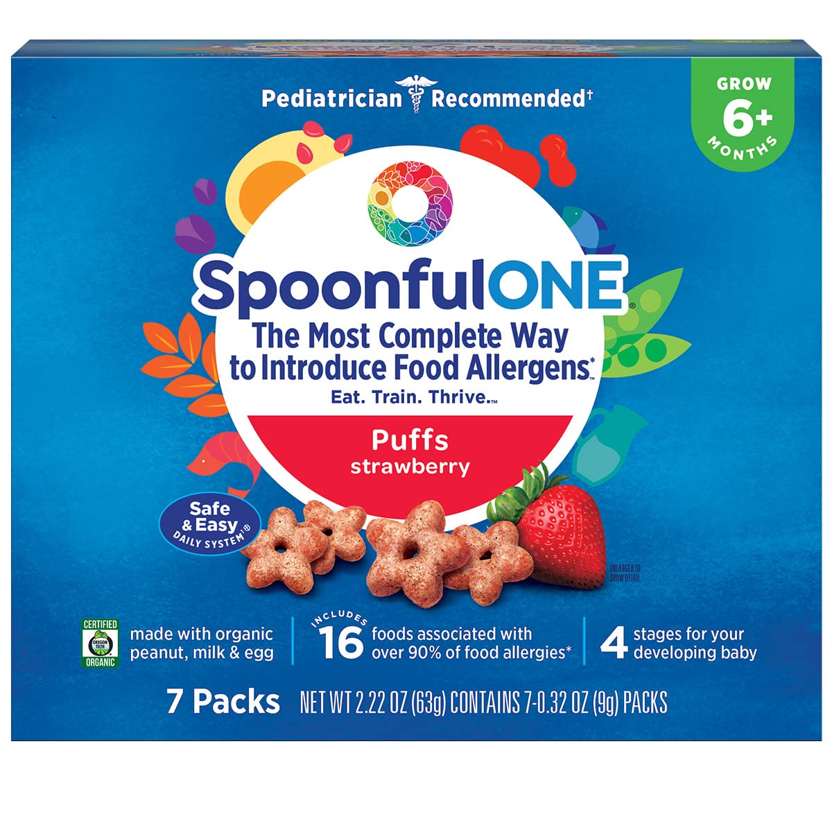 SpoonfulONE Food Allergen Introduction Puffs | Smart Feeding Snack for an Infant or Baby 6+ Months | Certified Organic (Strawberry - 7 Pack)