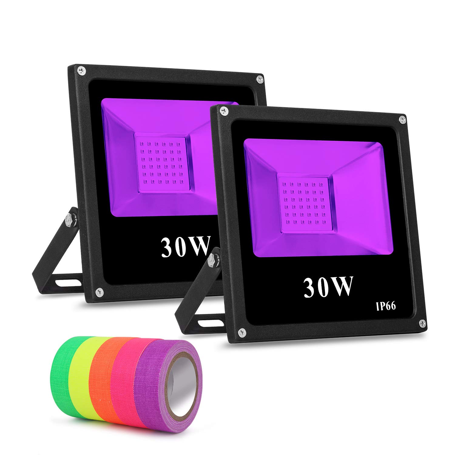 Roleadro Black Lights 30W 2 Pack, LED Blacklight Flood UV Black Light IP66 Waterproof Stage Light with 5 Fluorescent Neon Glow Tape for Glow Party, Halloween, Concert & Body Paint
