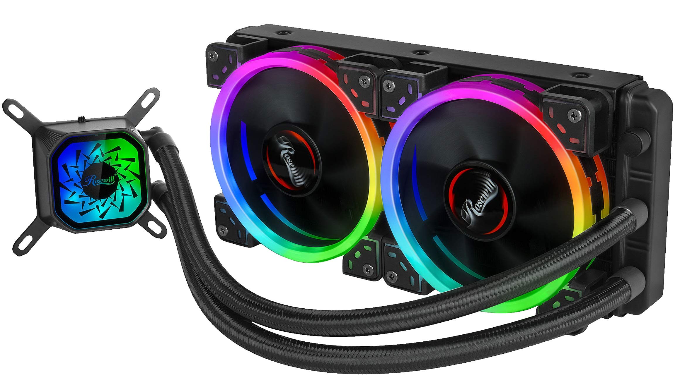 Rosewill RGB 240mm CPU Liquid Cooler, All-in-One Closed Loop PC Water Cooling, Quiet Addressable RGB Ring Fans, Intel/AMD Compatible, 400mm Sleeved Tubing - PB240-RGB