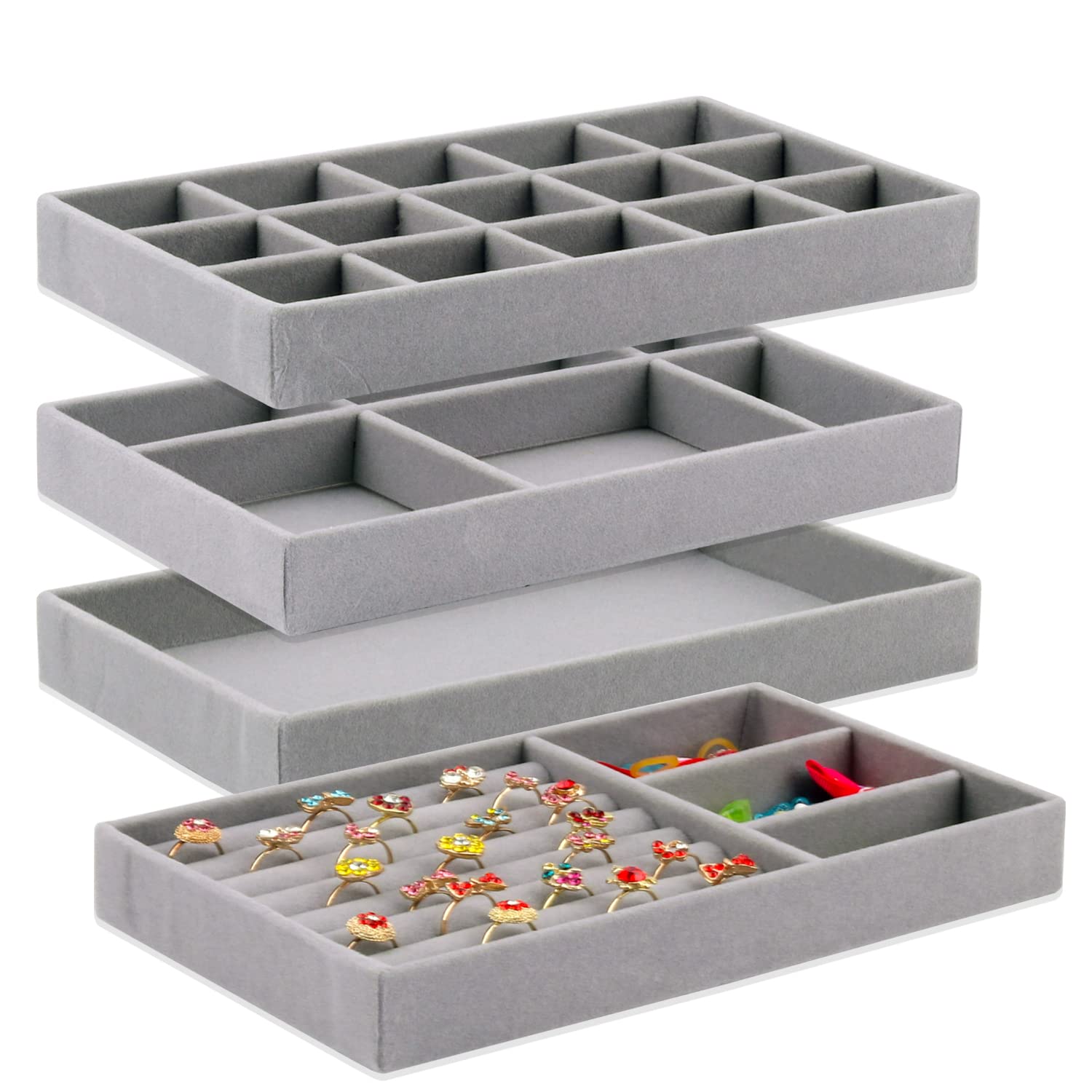Velvet Jewelry Trays Organizer for Drawers,4 Pack Stackable Jewelry Display Trays for Drawer, Jewelry Storage Organizers Earring Necklace Bracelet Ring Holder Organizer,Jewelry Display Tray