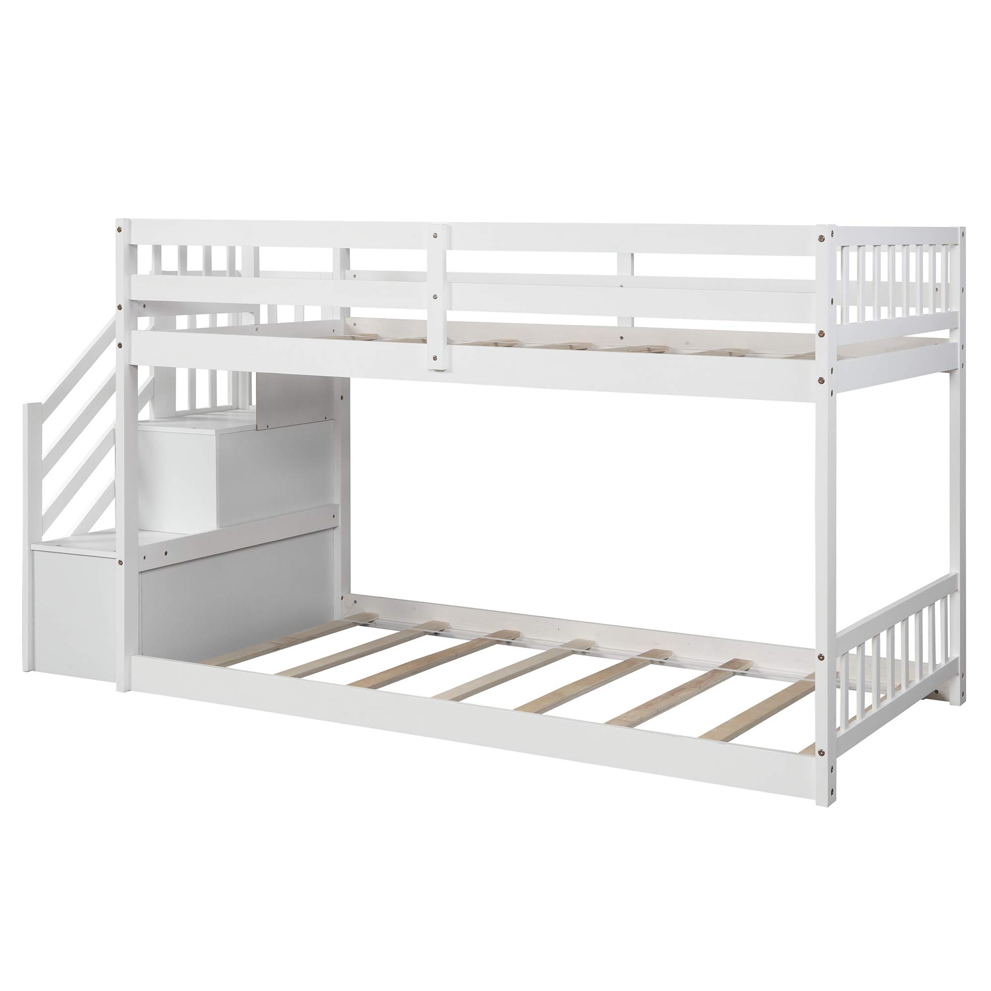 SOFTSEA Twin Over Twin Low Bunk Bed with Stairs Solid Wood Floor Bunk Beds for Boys and Girls Floor Bunk Bed No Box Spring Required (White)