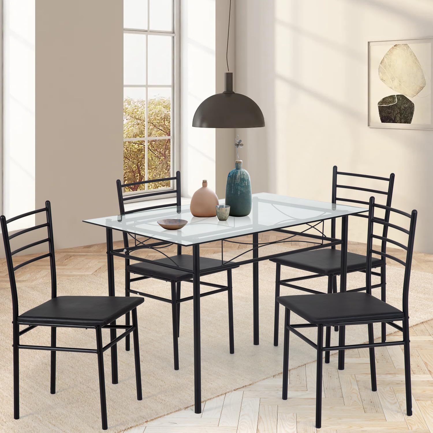 PayLessHere Dining Room Set 5-Piece Classic Dining Table Set for 4, Glass Top Table and 4 Rectangular Modern Chairs with Metal Legs for Dining Room and Kitchen