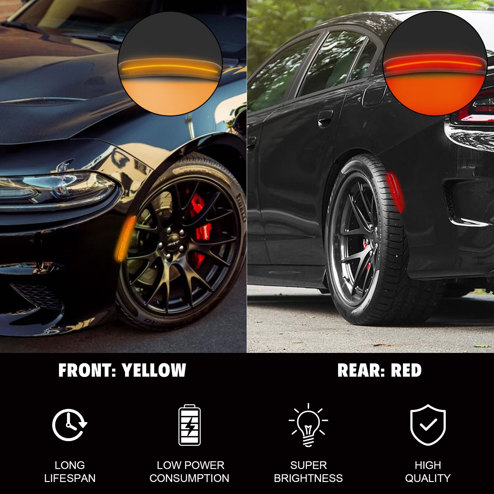 Somusen LED Side Marker Light Compatible with Dodge Charger 2015-2022 Smoked Lens Amber Front & Red Rear Signal Lamp Assembly Kit, Replace 68214405AA 68214404AA 68214127AA