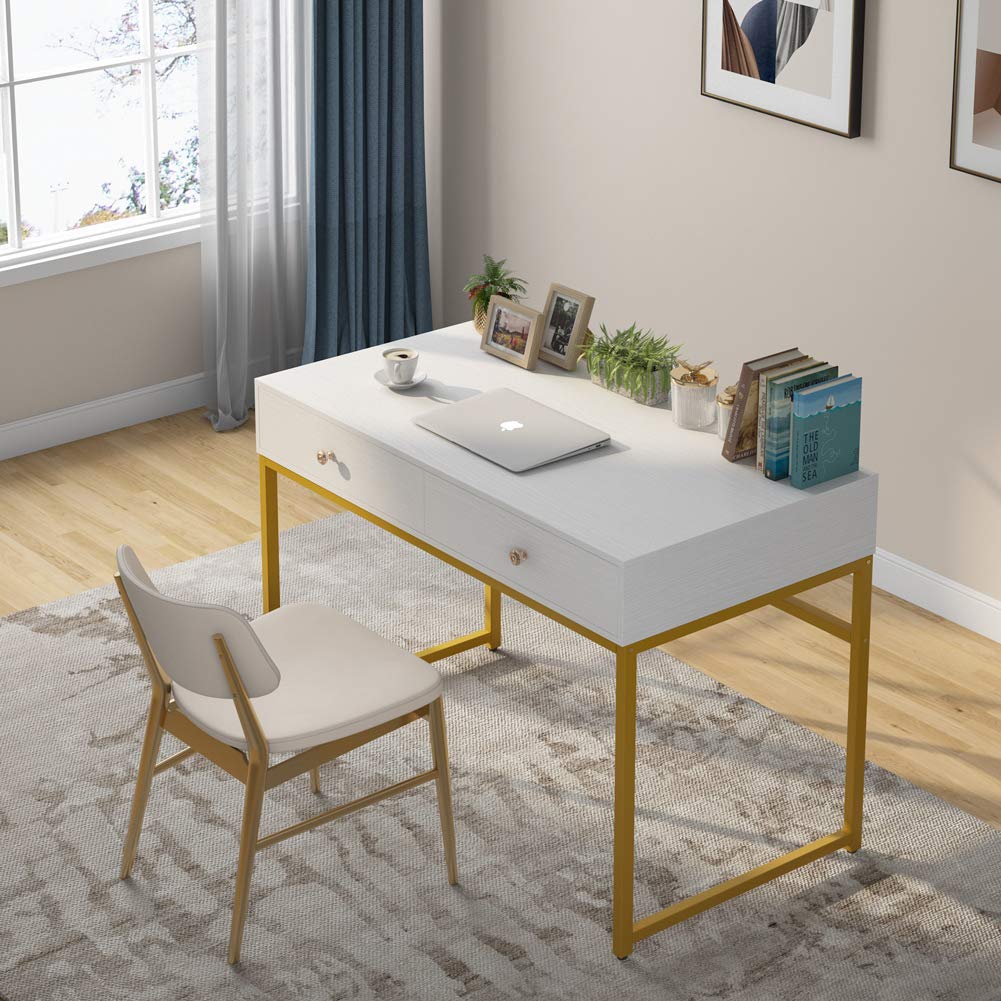 TRIBESIGNS WAY TO ORIGIN 47" Computer Desk with 2 Drawers, Modern Simple Laptop Desk Writing Desk, Multifunctional White Desk Makeup Vanity Table for Home Office (White/Gold)