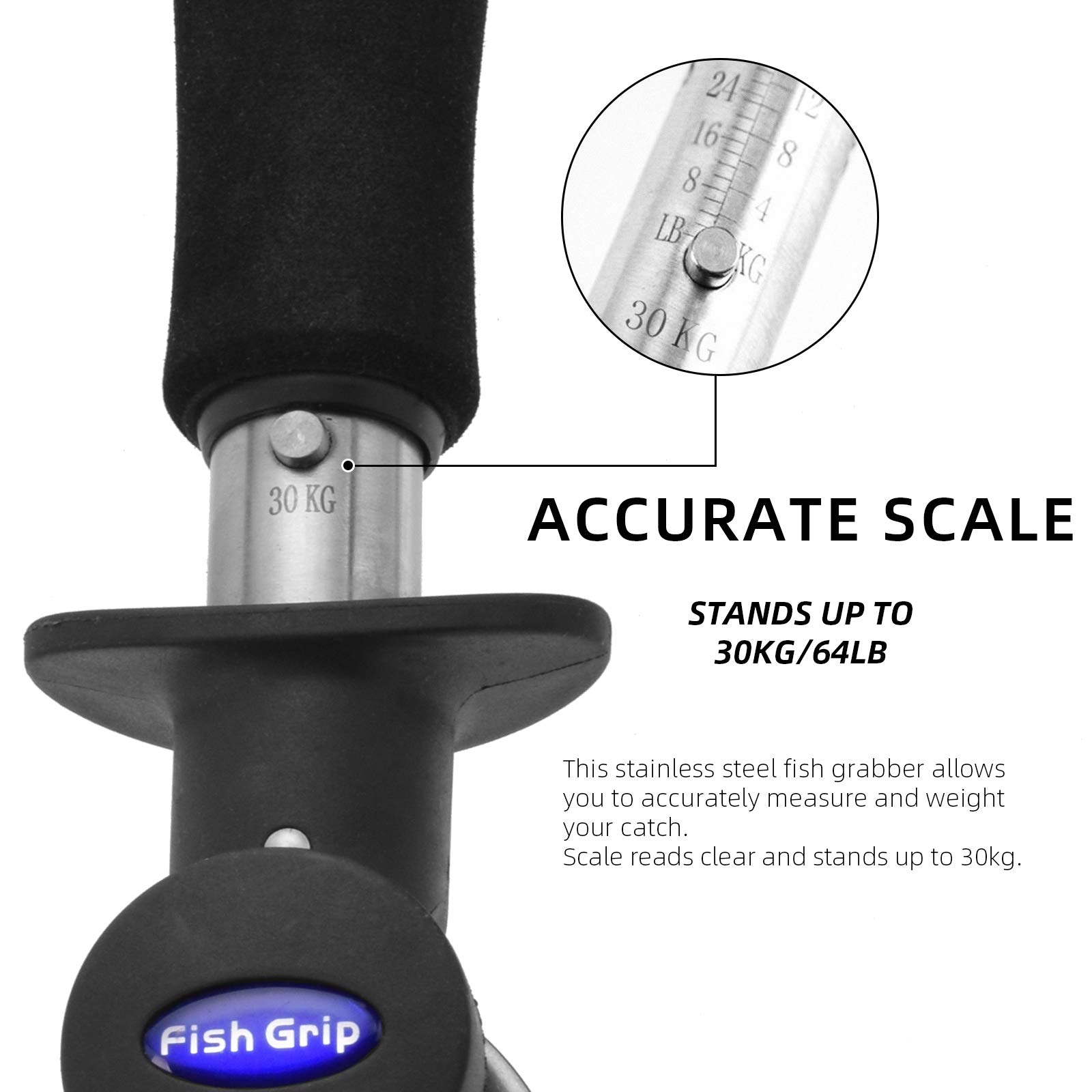 SF Fish Grip Holder Stainless Steel Fishing Gripper Two-Sided Trigger Tool Fish Lip Grabber with Scale Max 30kg EVA Foam Handle Adjustable Wrist Strap