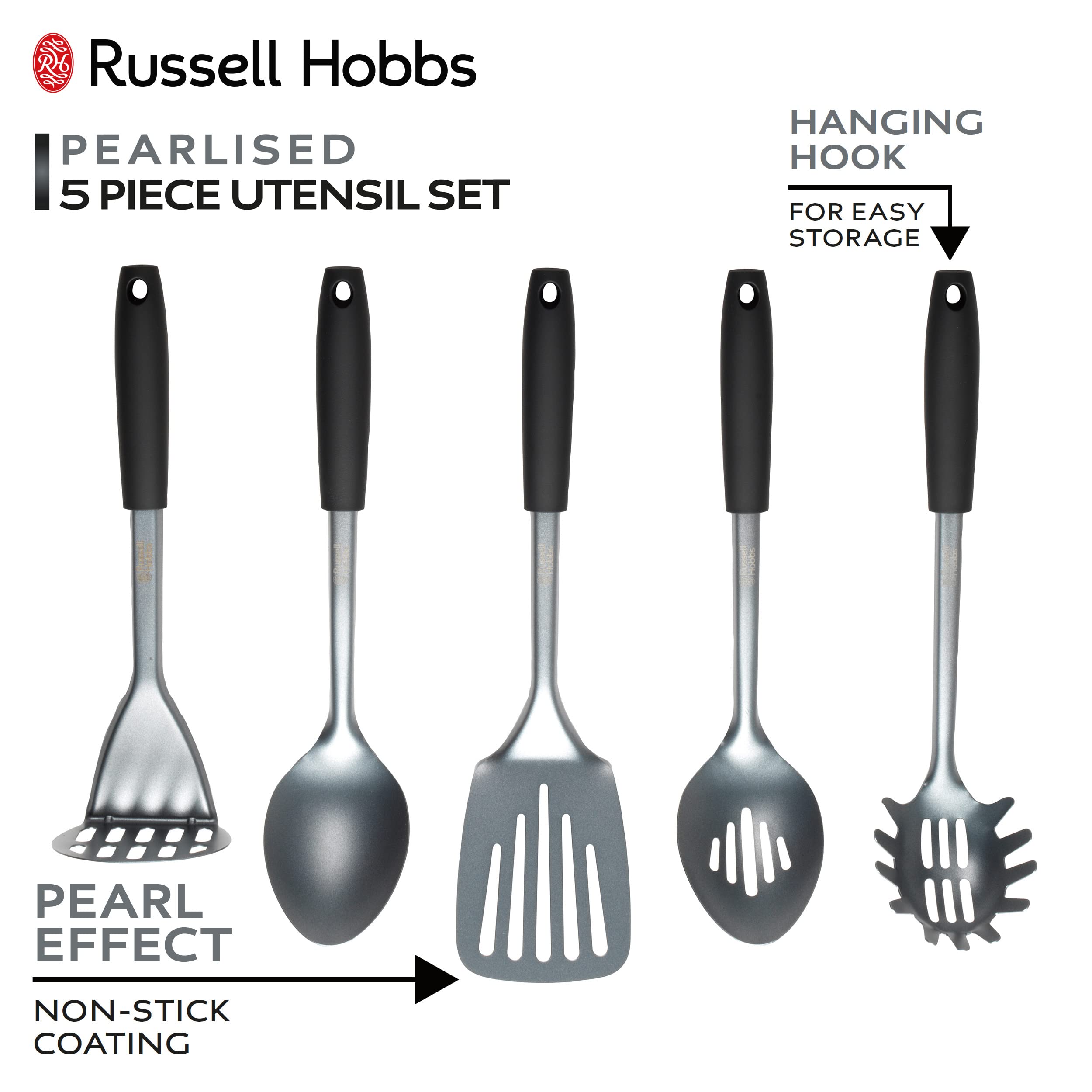 Russell Hobbs RH01722EU7 Pearlised 5 Piece Kitchen Utensil Set, Cooking Tools Including Slotted Spoon, Solid Spoon, Slotted Spatula, Spaghetti Spoon and Masher, Soft-Touch Handles & Hanging Hooks