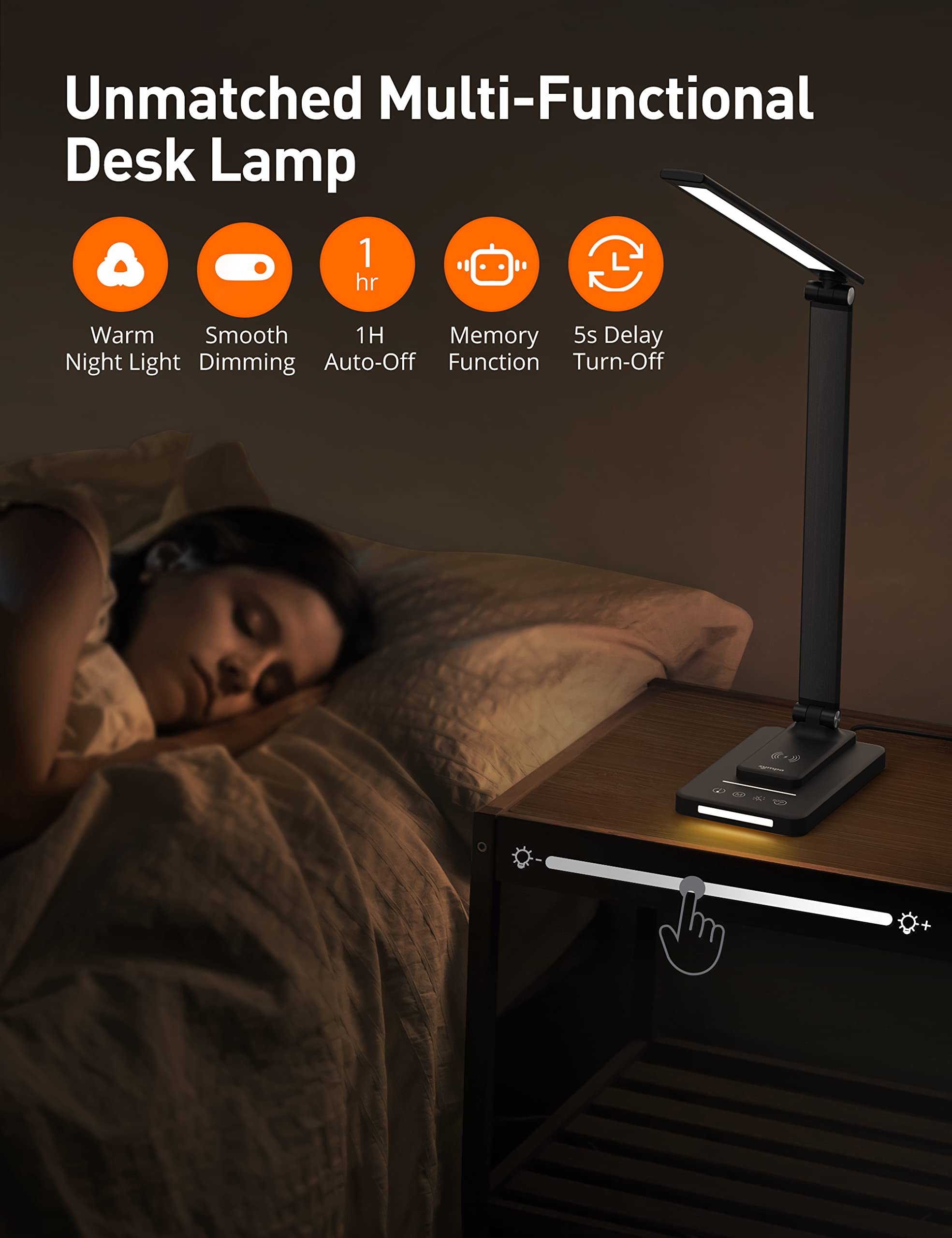 sympa LED Desk Lamp, Desk Lamp with Wireless Charger, Dimmable Desk Light with 25 Light Modes, Study Lamp with Night Light, 60 Min Timer, 5S Delay, for Home Office