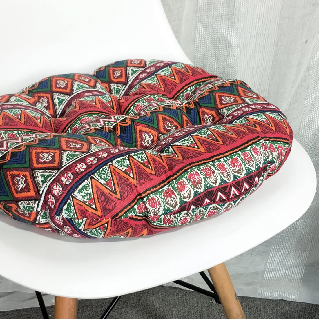 XSlive 2 Pack Boho Round Cotton Linen Chair Cushion Pads Soft Comfy Seat Cushions for Dining Chairs, Office Chairs, Hardwood Floors (Red Boho,Diameter 18")
