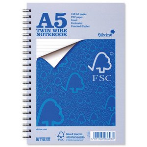 Silvine FSC A5 Twin Wire Notebook 160 Pages Lined With Margin Perforated And Punched FSCTWA5 Each