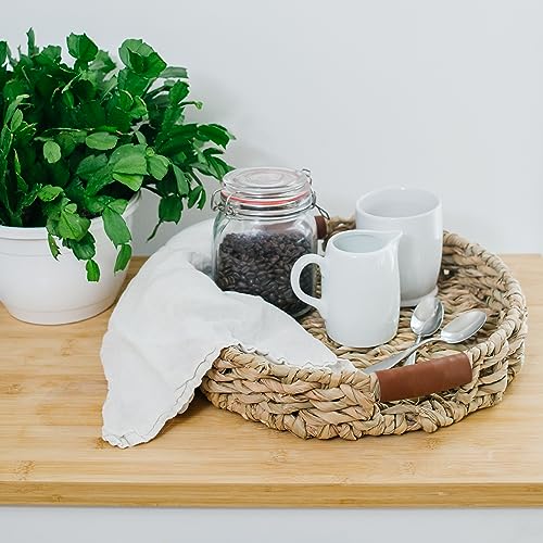 Summit Living Handwoven Round Rattan Tray with Leather Handles β Use as Home Decor or Vegetable and Fruit Organizer Tray β Water Hyacinth Circular Wicker Tray (14" x 14")