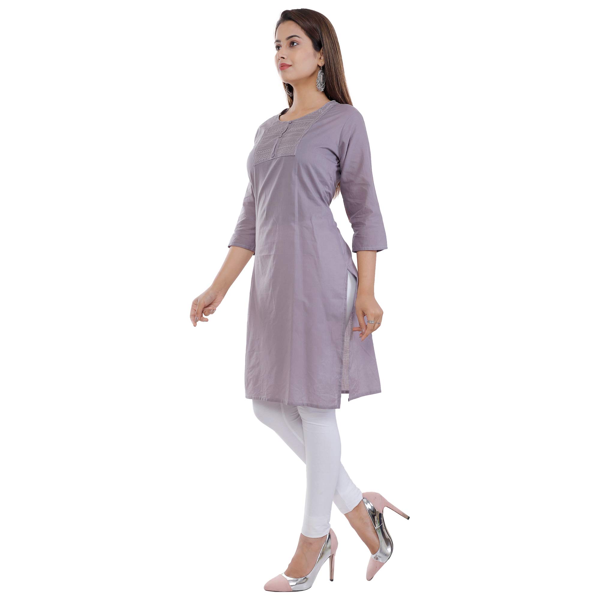 Ramkudi Indian Women's Plain Embroiderd Cotton Straight Kurti Top (Light-Purple)