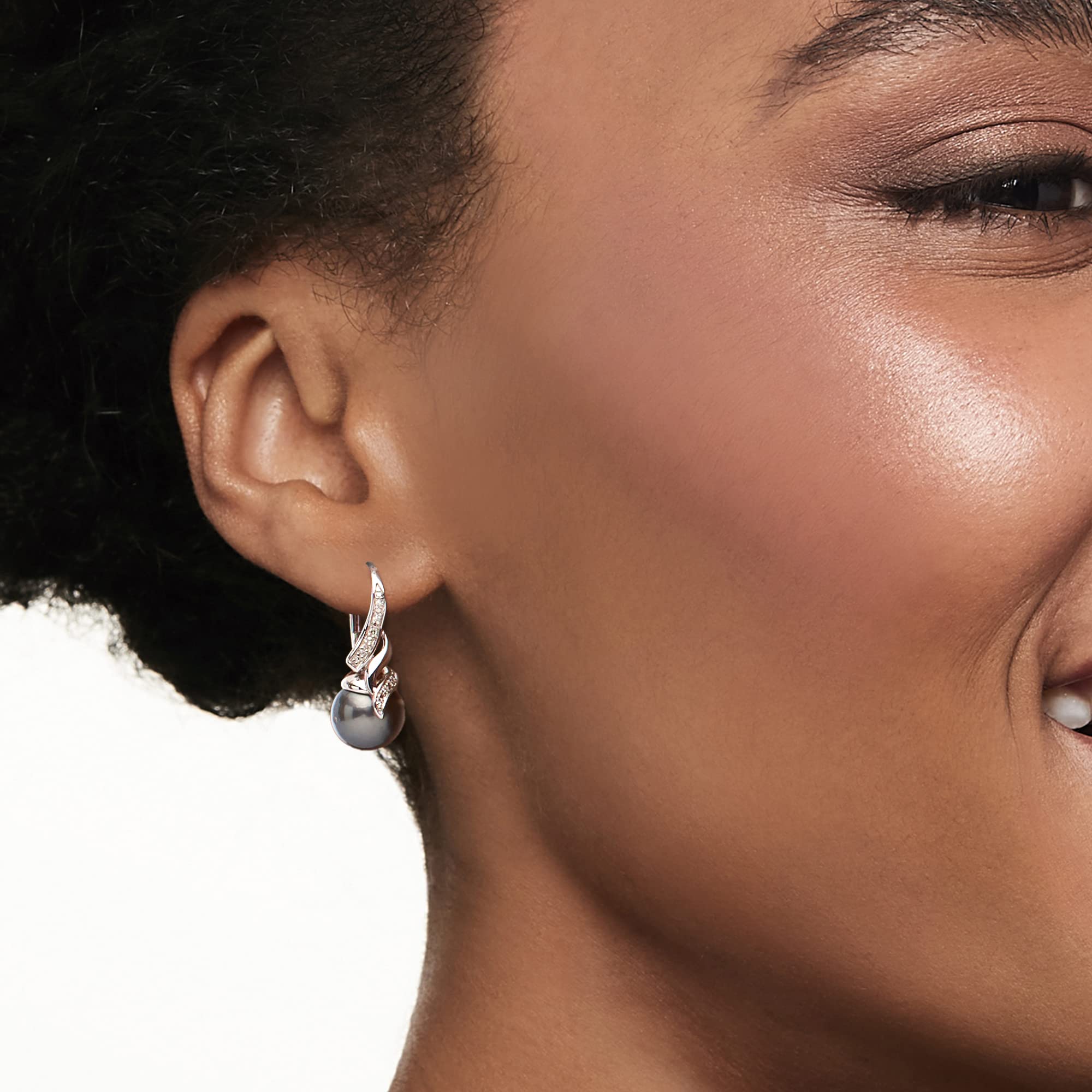 Ross-Simons 9-9.5mm Black Cultured Tahitian Pearl Drop Earrings With Diamond Accents in Sterling Silver