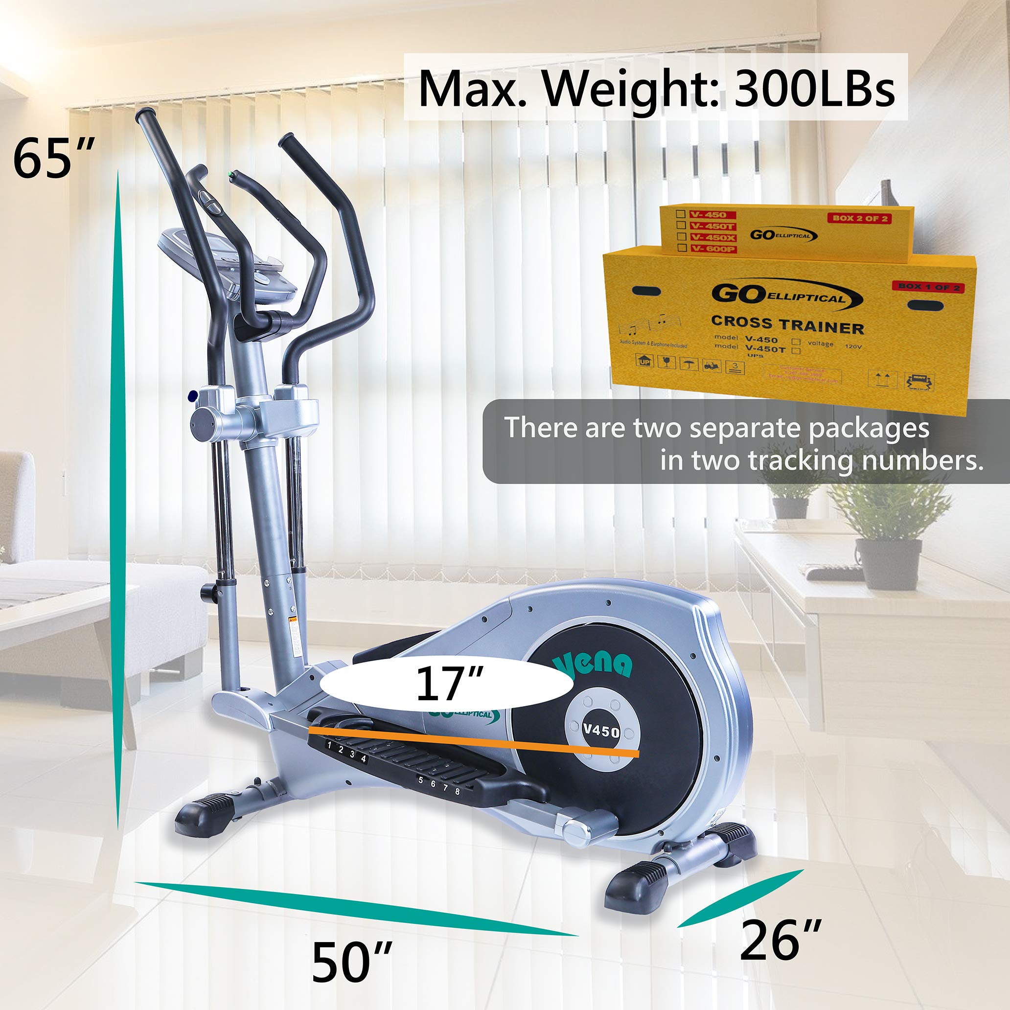 V-450 Standard Stride 17β Programmable Elliptical Exercise Cross Trainer w/Adjustable Arms & Pedals, HRC Control Program for Cardio Fitness Strength Conditioning Workout (Black/Gray, 450)