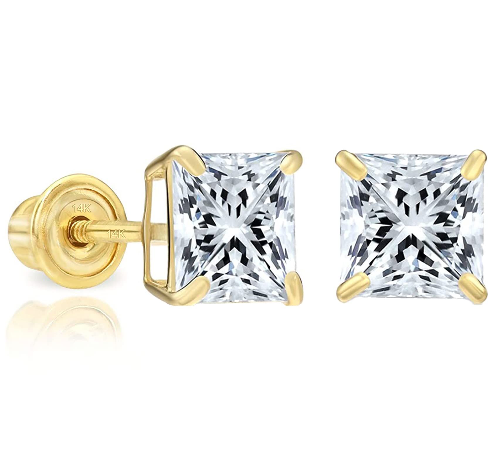 Solid 14k Yellow Gold Solitaire Square Princess-cut CZ Stud Earrings with Secure Screw-backs (5mm)
