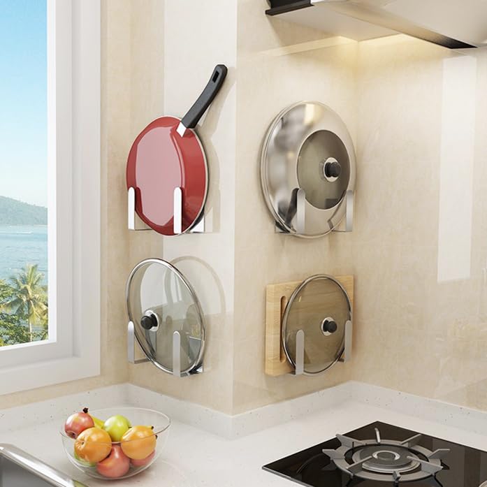 YURINJEE Pot Lid Holder Stainless Steel Wall Mounted 3M Self Adhesive Pan Cover Racks (Set of 4) Freely Adjustable Length (Silver with Screw Set)