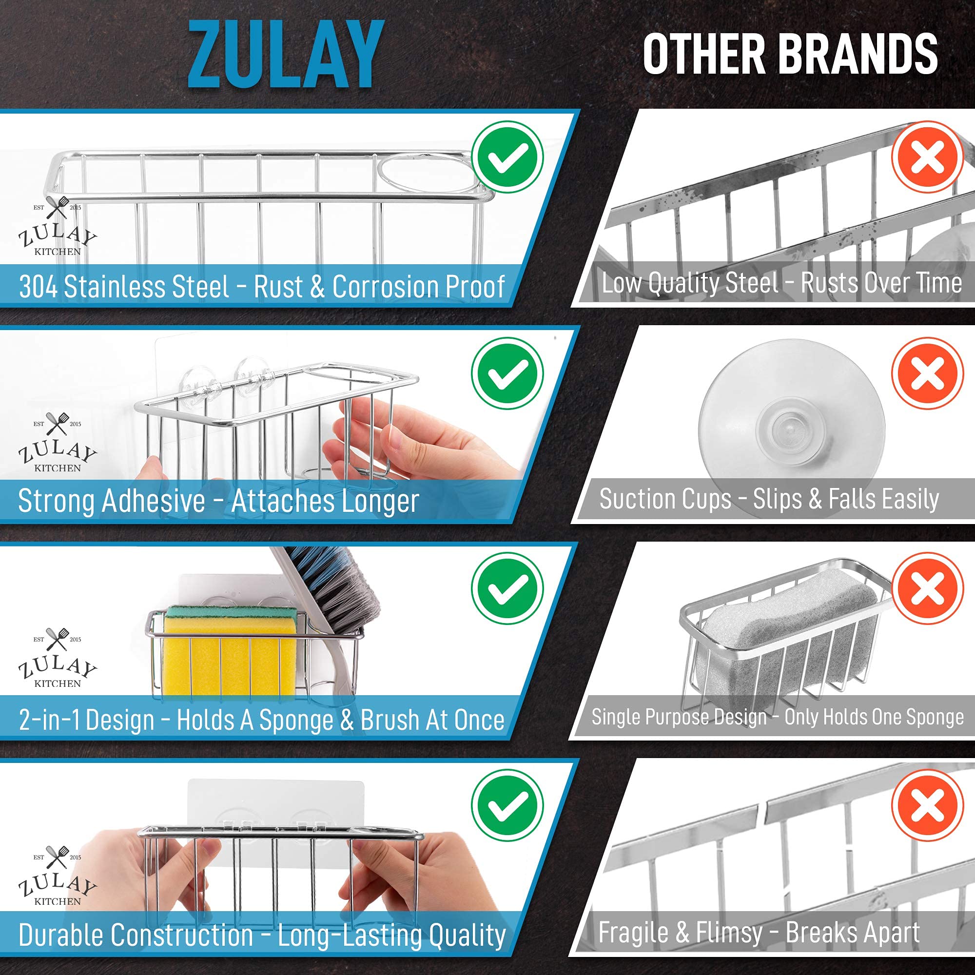 Zulay 2-in-1 Sponge Holder for Sink - Stainless Steel Kitchen Sink Sponge Holder with Extra Strong Adhesive - Rust Proof Dish Brush Holder & Dish Sponge Holder - Solid Sponge Caddy Sink Organizer