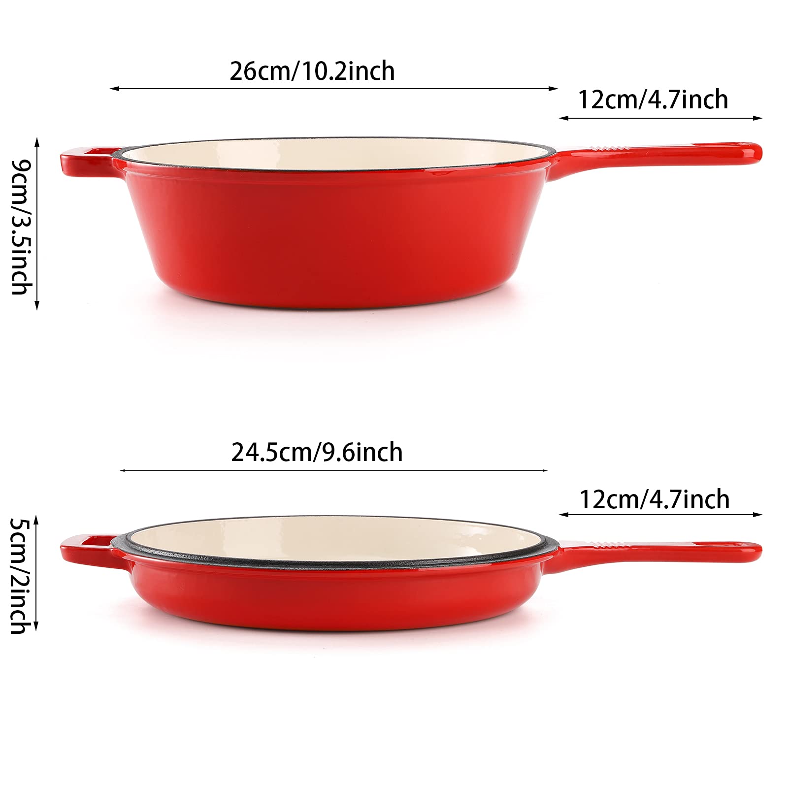 Suwimut Enameled 2-in-1 Cast Iron Multi Cooker, 3.2 Quart Red Heavy Duty Deep Skillet and Lid Set Dutch Oven Frying Pan, Non-Stick Kitchen Cookware Grill, Stovetop, Induction, Oven Safe