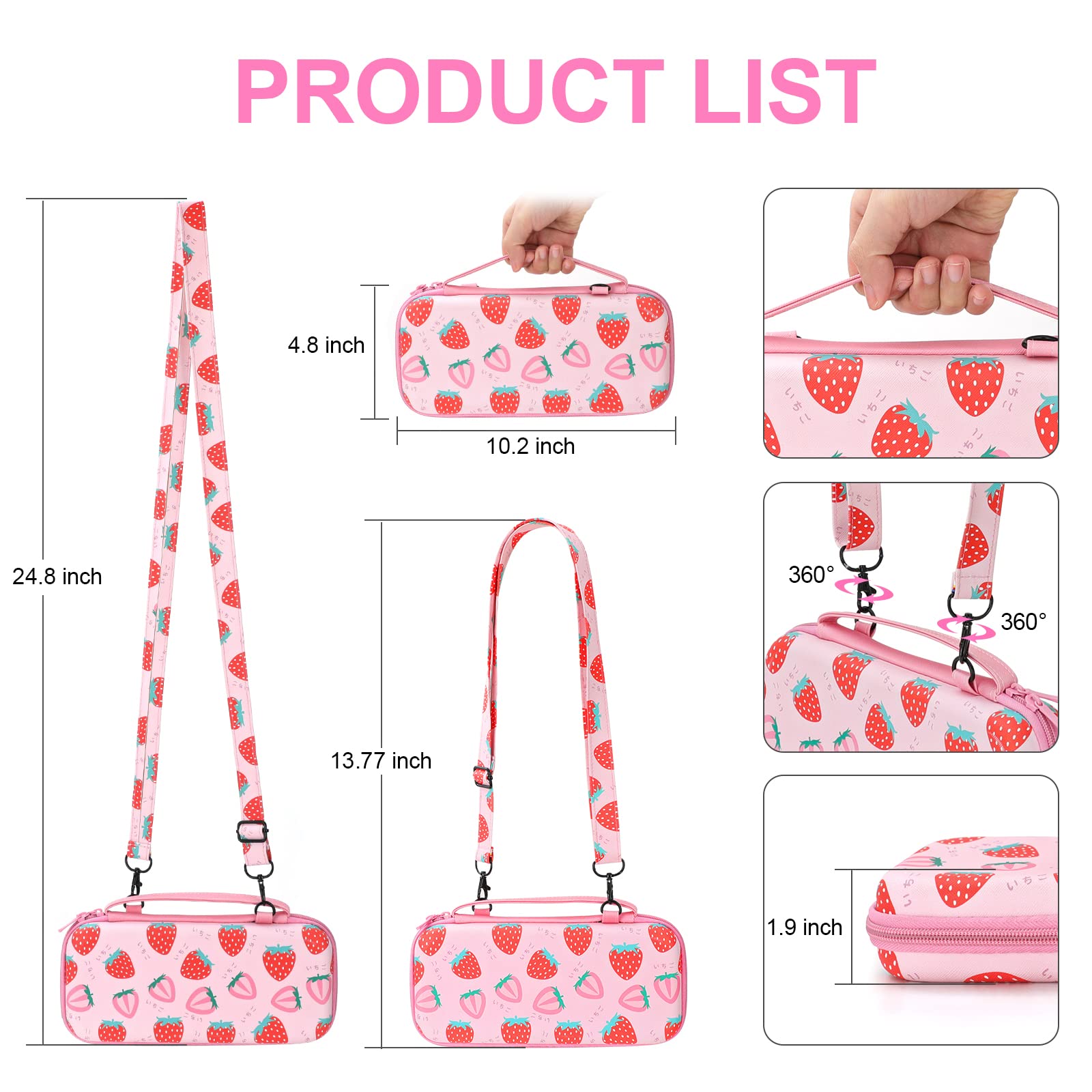 WELWEL Welwel Strawberry Carrying Case and Protective Case Compatible with Switch(OLED Model), switch accessories-Adjustable Strap, Screen Protectors, Thumb Grip caps, pink