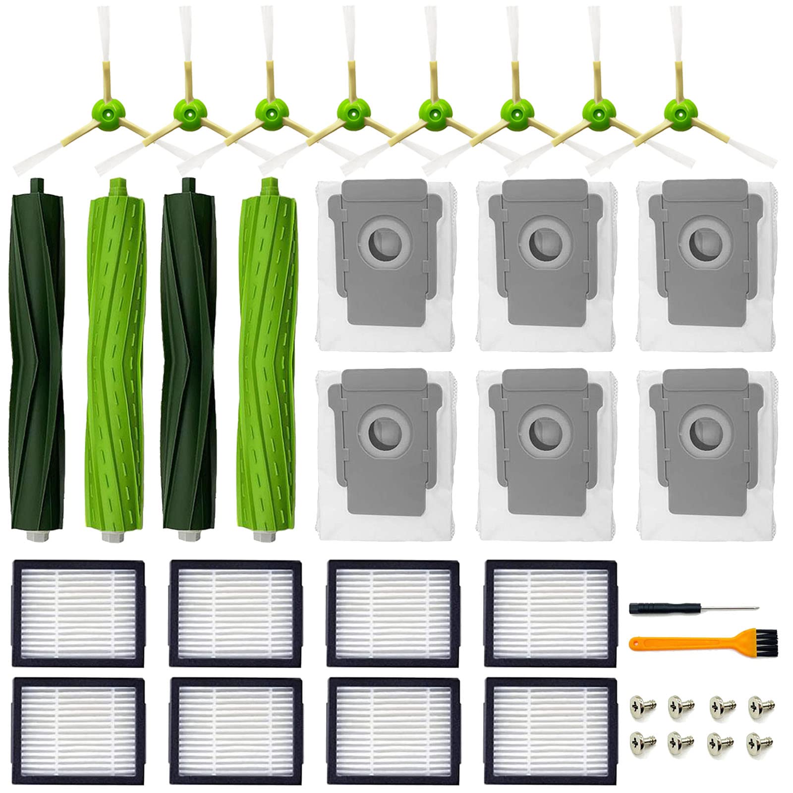 Replacement Parts for iRobot Roomba i3 i3+ i7 i7+ i4 i4+ i5 i5+ j5 j5+J7 i2 i6 i6+i8 i8+/Plus E5 E6 E7 I & E &J Series Vacuum Cleaner,2 Set Rubber Brushes,8 Filters,8 Side Brushes,6 Roomba Vacuum Bags