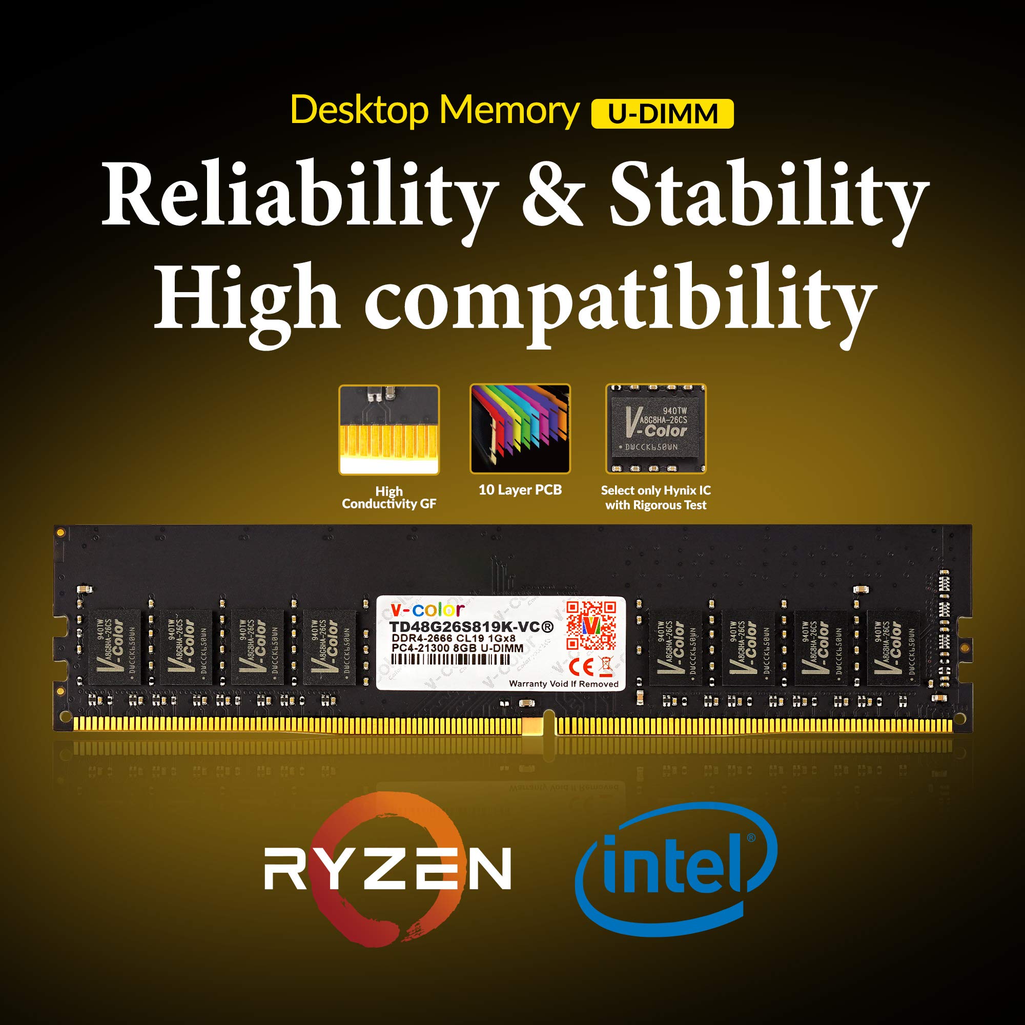 V-Color DDR4 8GB (8GBx1) 2666MHz (PC4-21300) CL19 Standard Desktop Computer PC Ram Memory Module Non ECC Unbuffered DIMM 1.2V(TD48G26S819-VC)