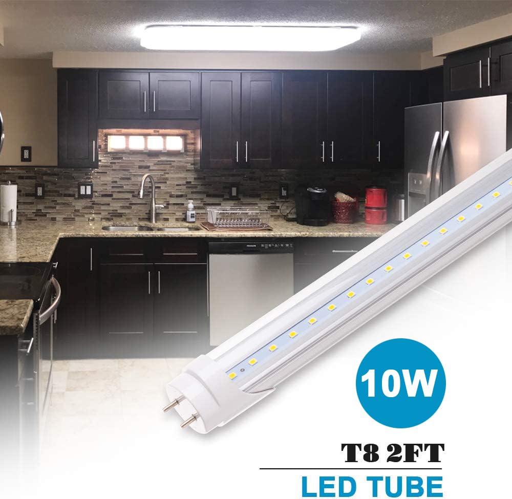Romwish 2FT LED Tube Light, T8 T10 T12 Type B LED Light Bulb, 10W(24W Equiv.), 5000K Daylight, 1120LM, 24 Inch F20T12 Fluorescent Replacement, Remove Ballast, Double-Ended Power, Clear Cover, 4 Pack