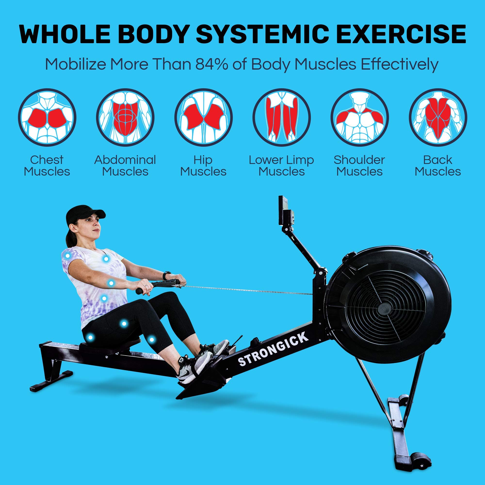 STRONGICK Foldable Rowing Machine with 10 Resistance Settings - Bluetooth Option, Transport Wheels, LCD Monitor - Rower Machine for Home, Office, Garage Use