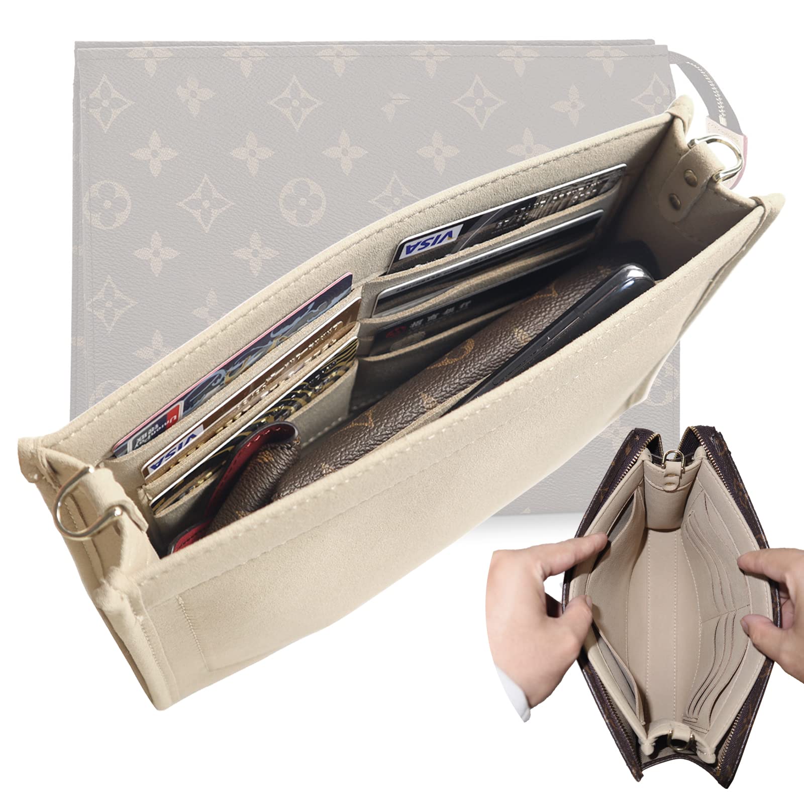 TOURDREAM Purse Organizer Insert Fit Toiletry Pouch 26 19 Handbag Shaper Premium Microfiber with Gold Buckles (Toiletry Pouch 26, Khaki)