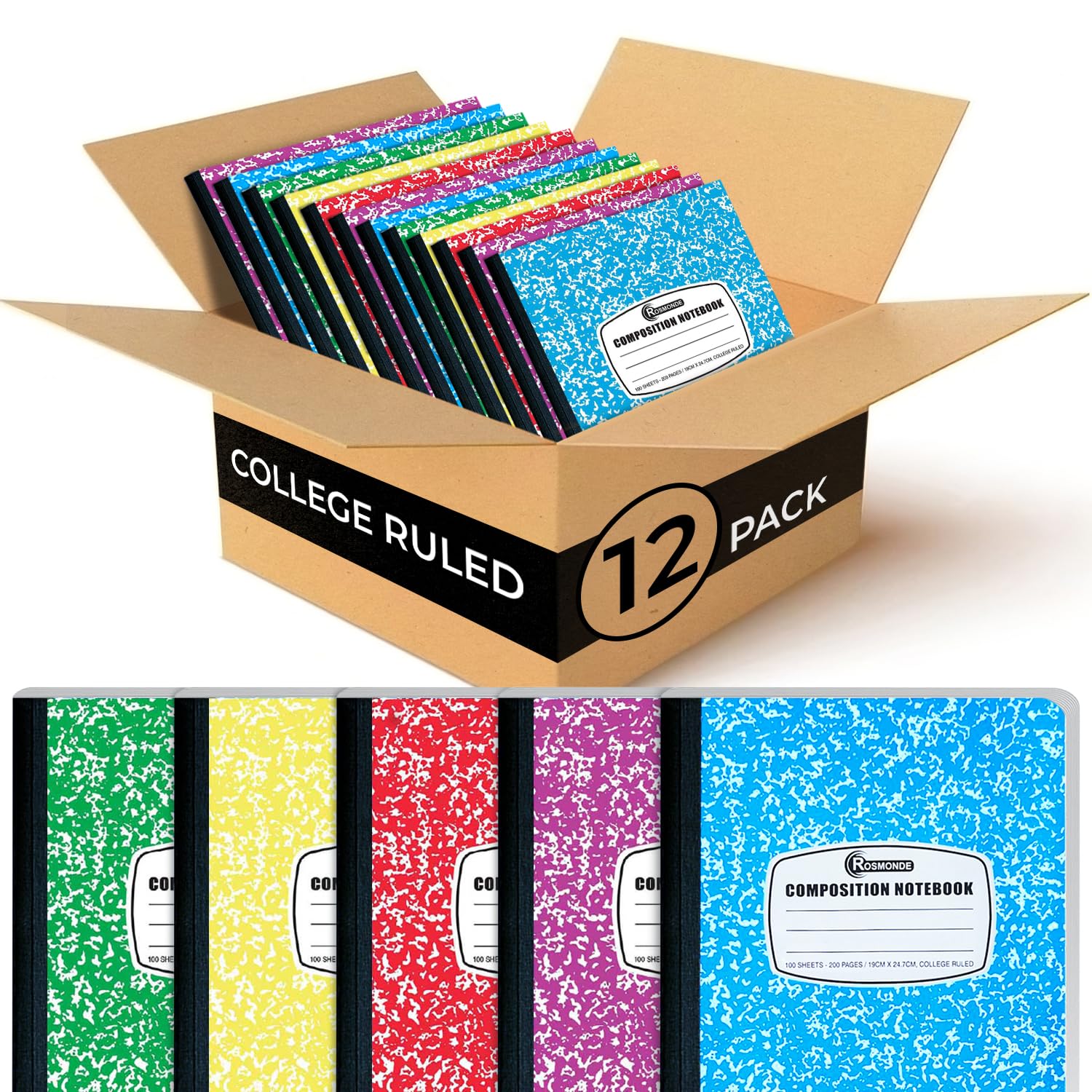 Rosmonde 12 Pack Bulk Composition Notebooks College Ruled, 200 Pages (100 Sheets), 9-3/4 x 7-1/2, Hard Cover College Ruled Notebooks, Assorted Colors Composition Notebook For School, Colors May Repeat