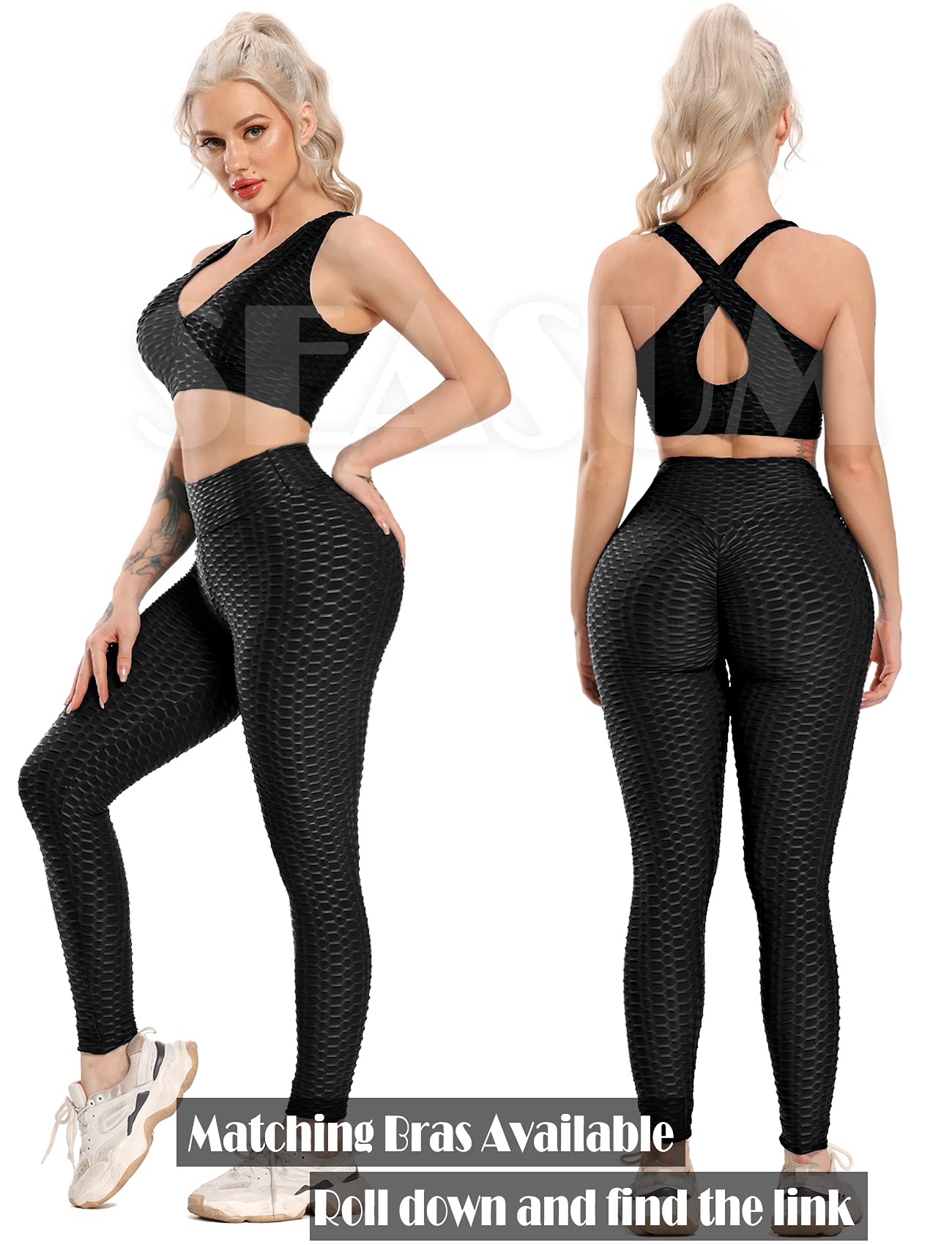 SEASUM Women High Waisted Yoga Pants Workout Butt Lifting Scrunch Booty Leggings Tummy Control Anti Cellulite Textured Tights XL