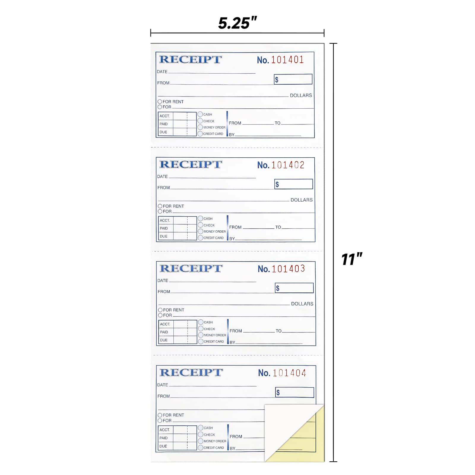 Receipt Book with Carbon Copies, Rent Receipt Book for Small Business, 2-Part Carbonless, 100 Sets per Book, 4 Receipts per Page